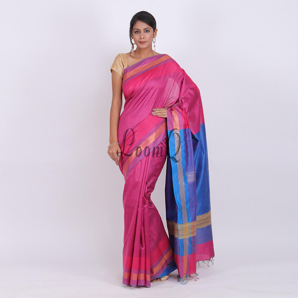 Rani red with dezine aanchal handloom cotton silk saree - LoomQ