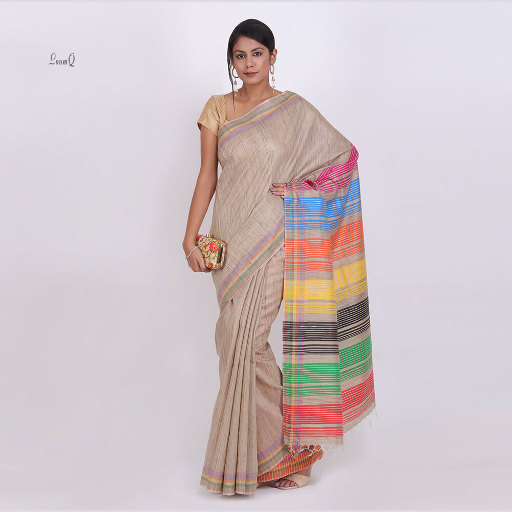 Tussre silk saree with tri color border and multi color aanchal - LoomQ